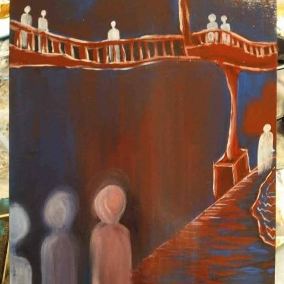 Art | Faceless Figures Abstract Red And Blue Bridge Art | Poshmark